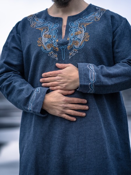 Bleu-grey Viking Tunic Snorri with Hand Embroidery order online with larp-fashion.co.uk